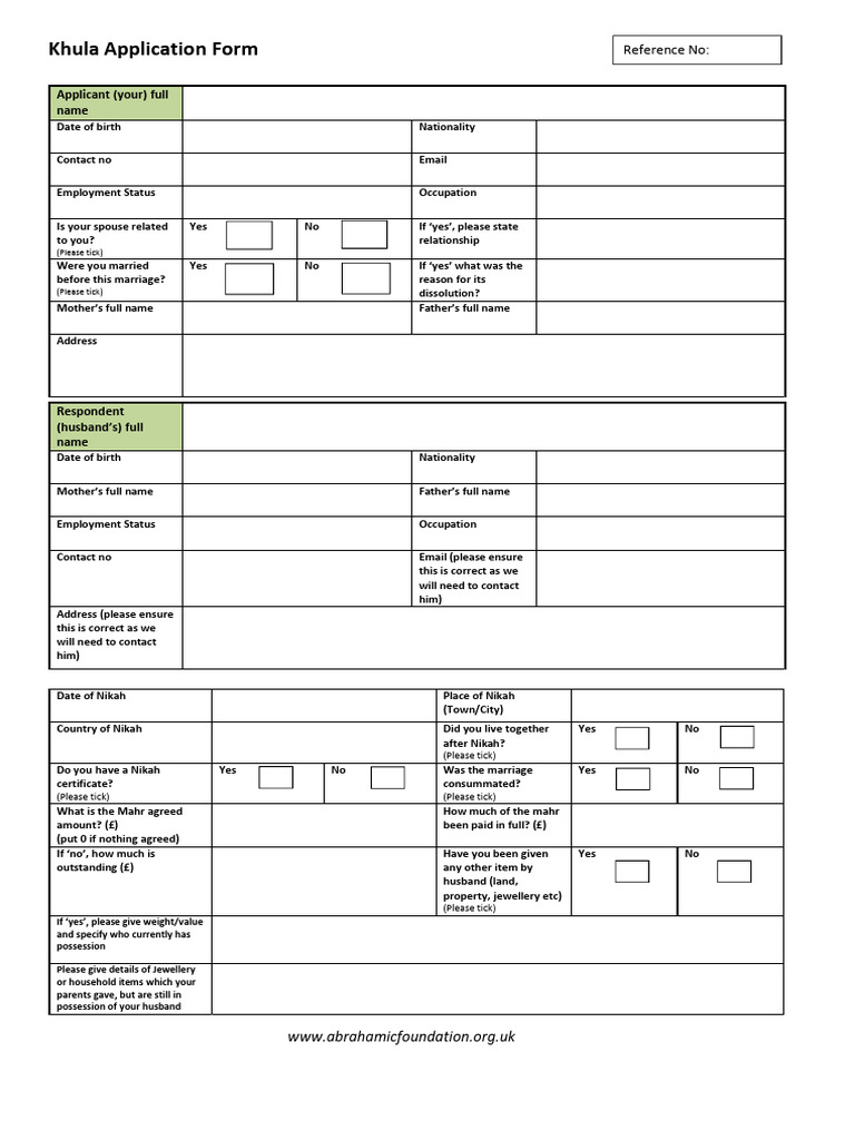 Khula Application Form for Divorce | PDF | Marriage | Divorce