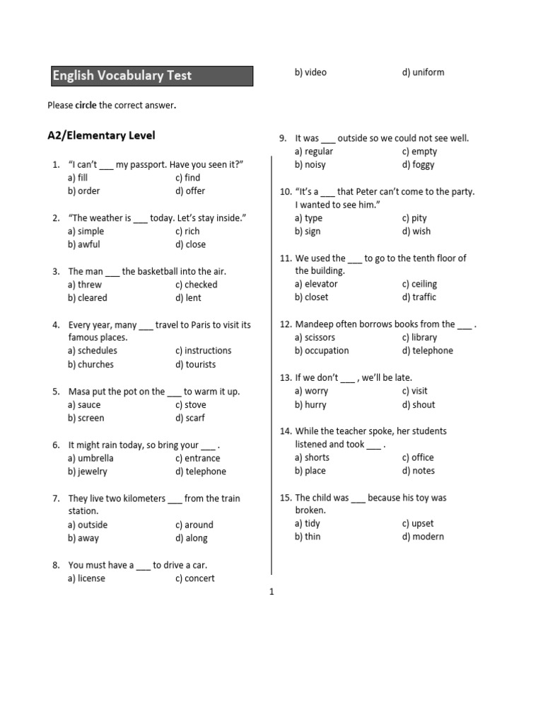A2 English Vocabulary Test Questions | PDF | Chess Openings | Chess Theory