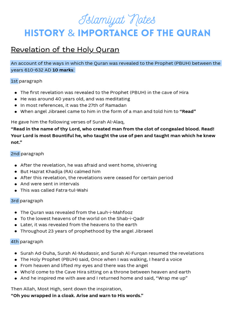 Islamiyat Notes-History & Importance of Quran | PDF | Quran | Islam