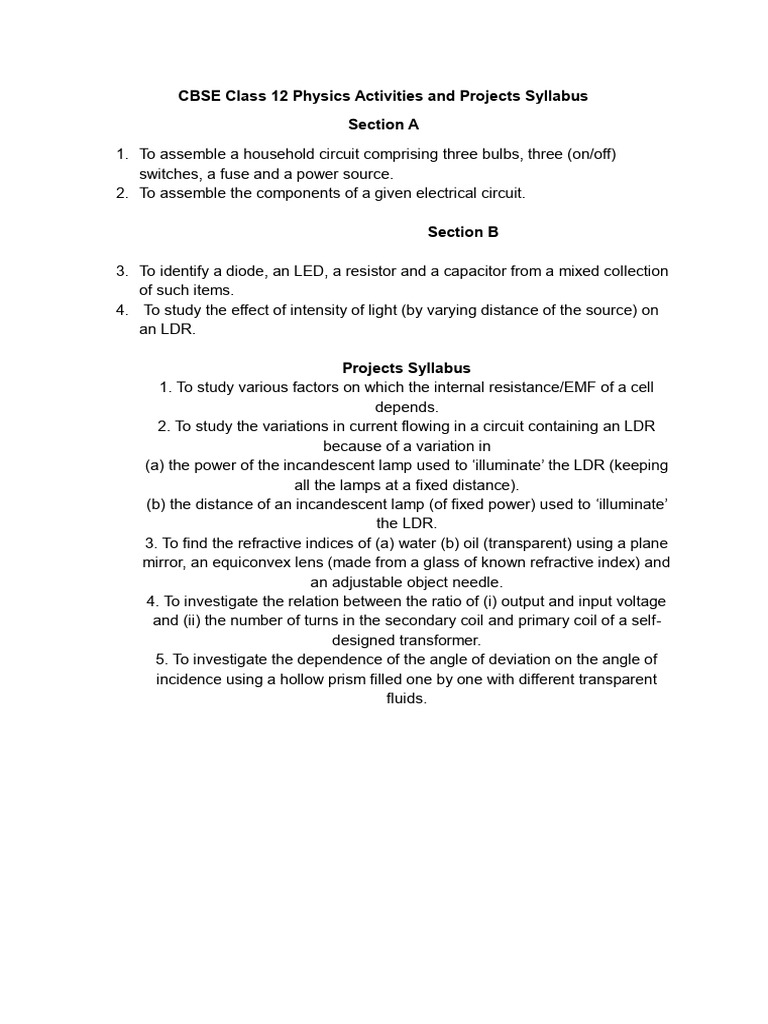 CBSE Class 12 Physics Projects & Activities | PDF