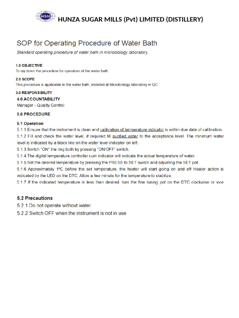 SOP For Water Bath | PDF