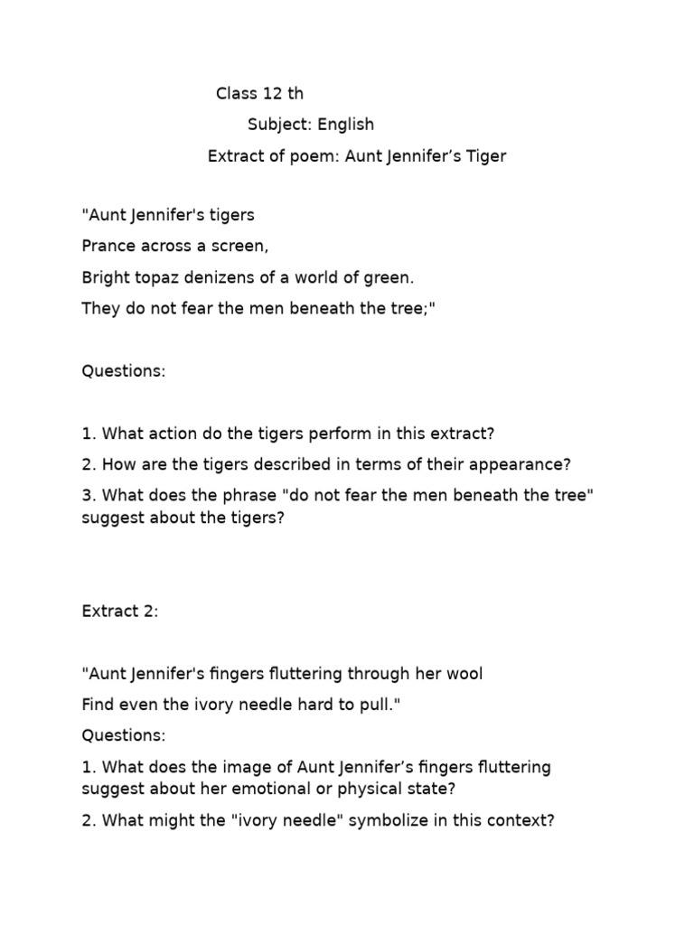 Extract of Poem Aunt Jennifer's Tiger | PDF