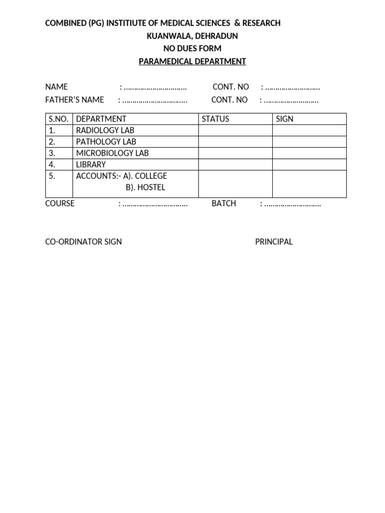 No Dues Form for Paramedical Students | PDF