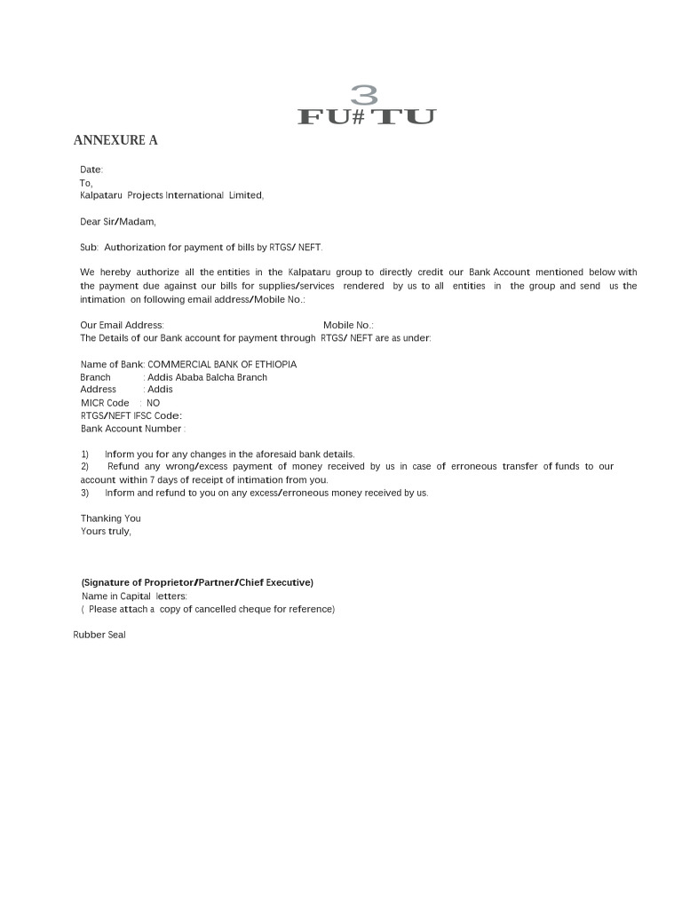RTGS/NEFT Payment Authorization Letter | PDF