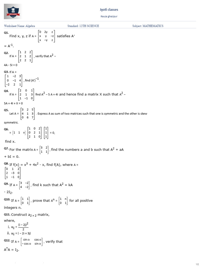 12th Grade Algebra Worksheet | PDF | Matrix (Mathematics) | Operator Theory