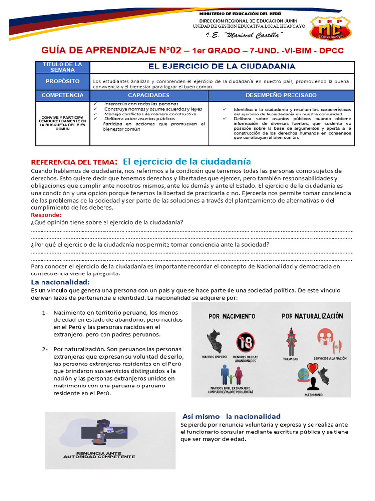 GUÍA DE APRENDIZAJE 02- unidad 7-DPCC-1º (1) | PDF | Ciudadanía | Naturalización