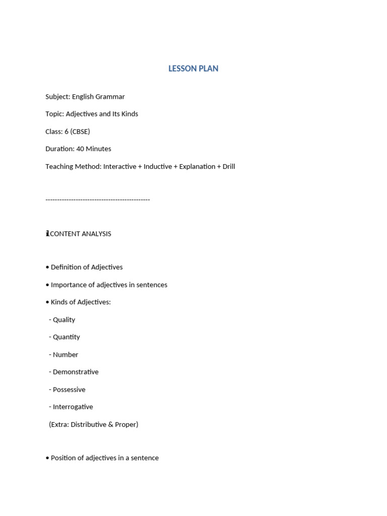 Adjectives Lesson Plan for Class 6 | PDF | Adjective | English Grammar