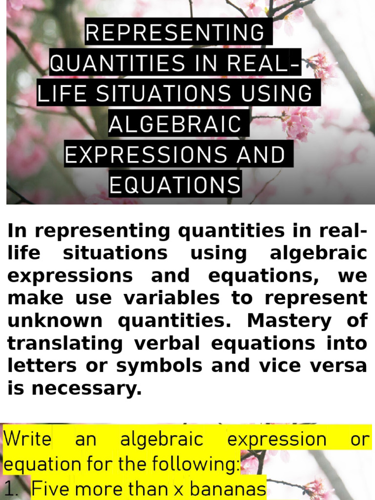 Representing Quantities in Real Life Situations Using Algebraic ...