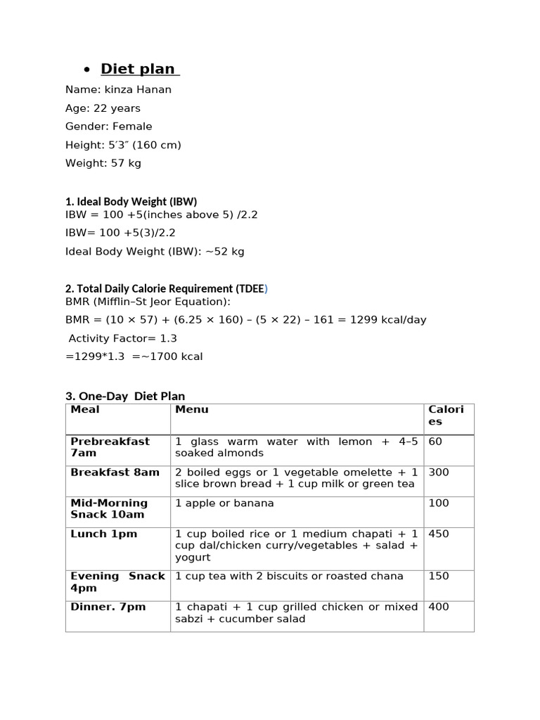 Diet Plan: 1. Ideal Body Weight (IBW) | PDF | Calorie | Cuisine
