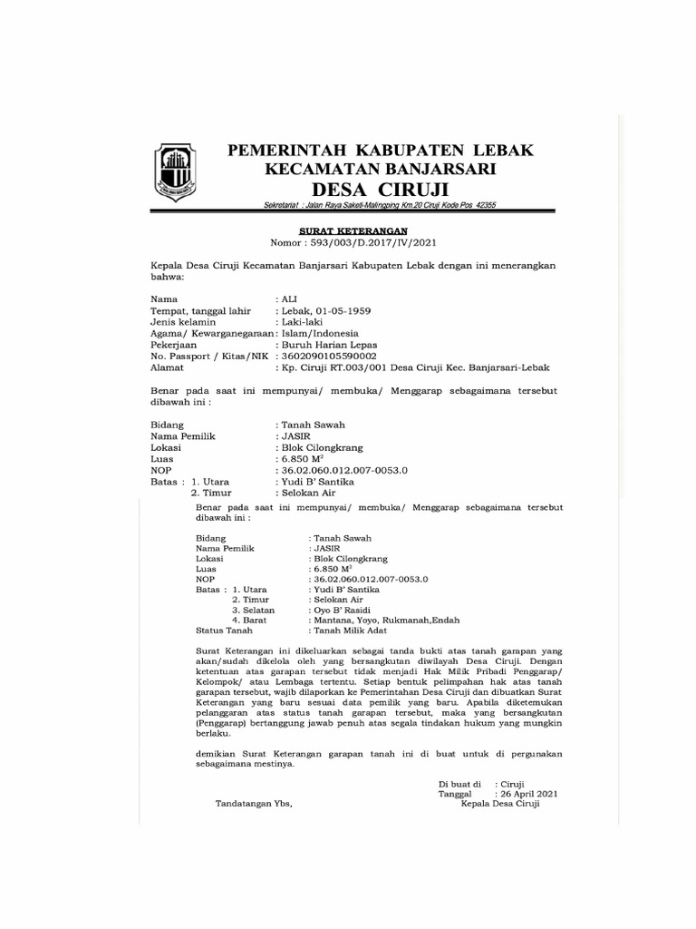 Contoh Draft Surat Ket Atas Garapan | PDF