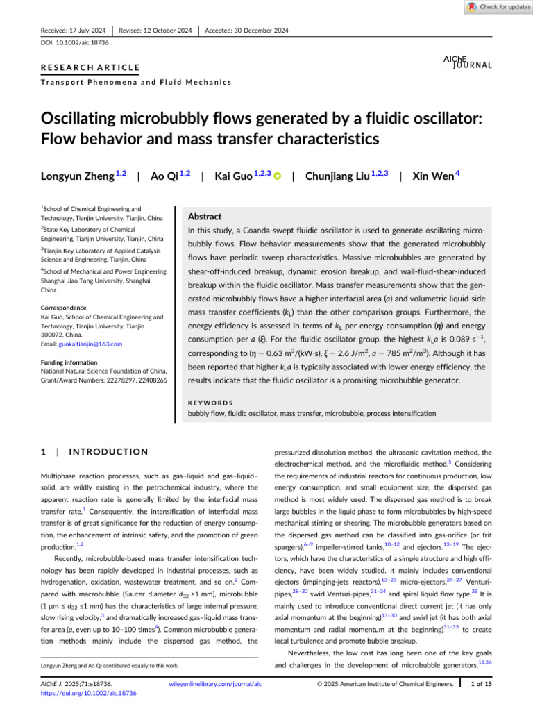 AIChE Journal - 2025 - Zheng - Oscillating Microbubbly Flows Generated ...
