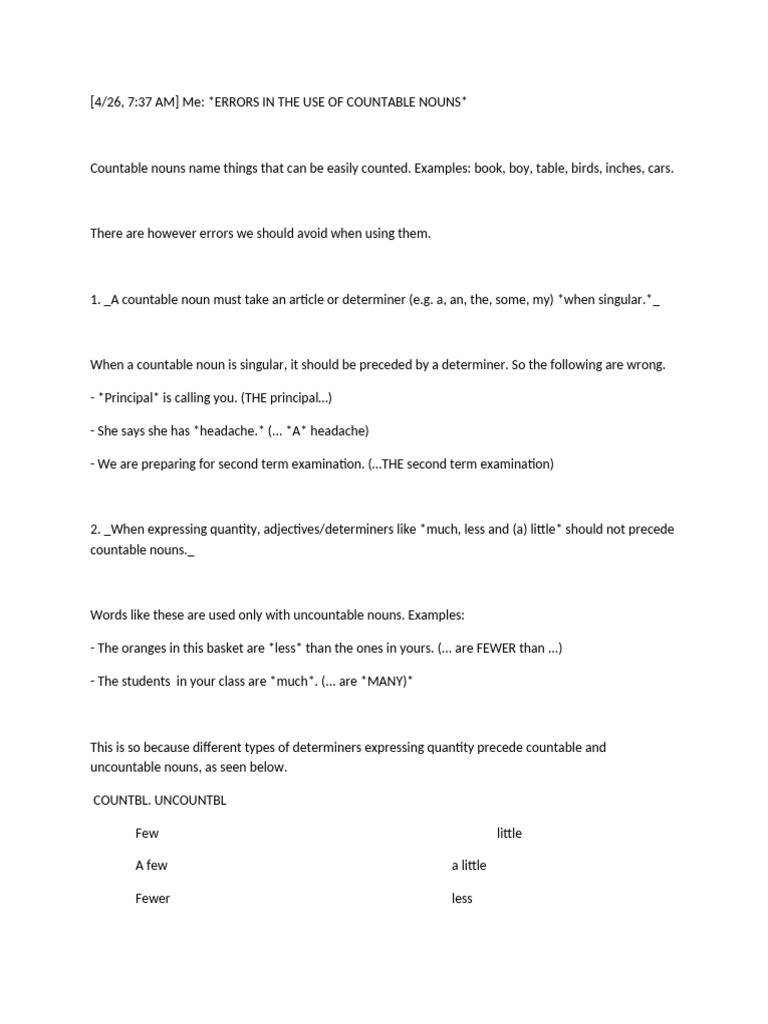 Countable vs Uncountable Noun Errors | PDF | Noun | Languages