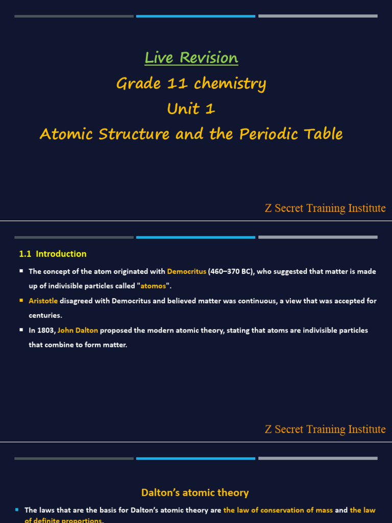 Grade 11 Chemistry Unit 1 Live Revision | PDF | Atoms | Isotope