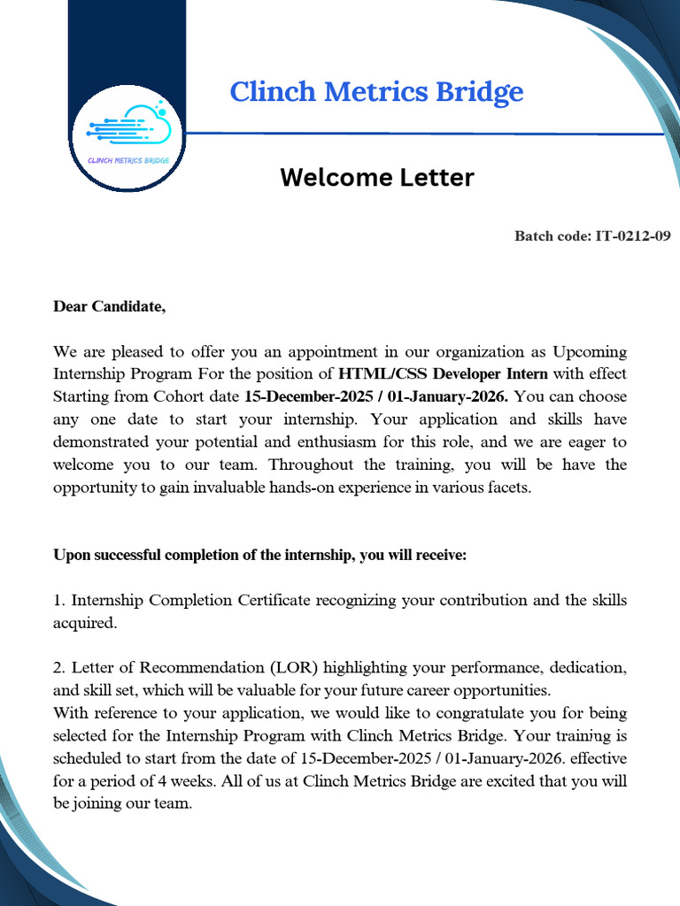 Welcome Letter - Clinch Metrics Bridge-8 | PDF