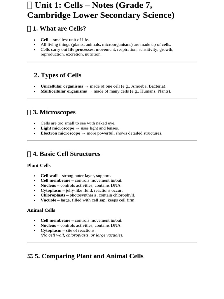 Grade 7 Cell Biology Overview | PDF | Cell (Biology) | Metals
