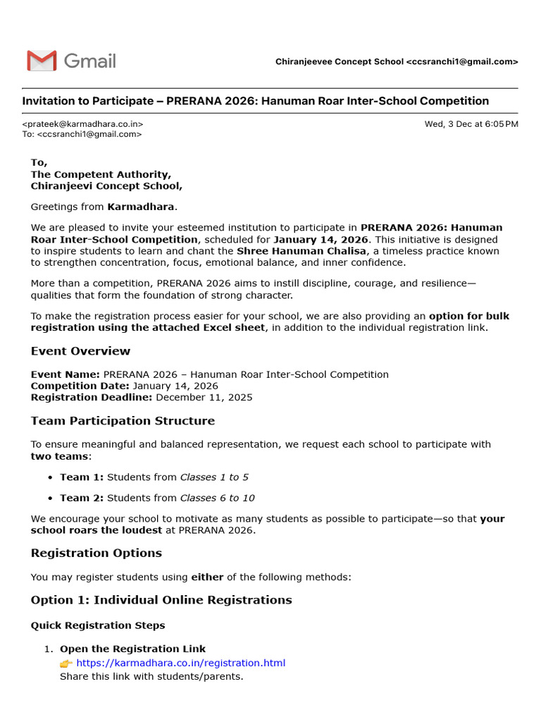 PRERANA 2026 Inter-School Competition Invite | PDF | Microsoft Excel ...