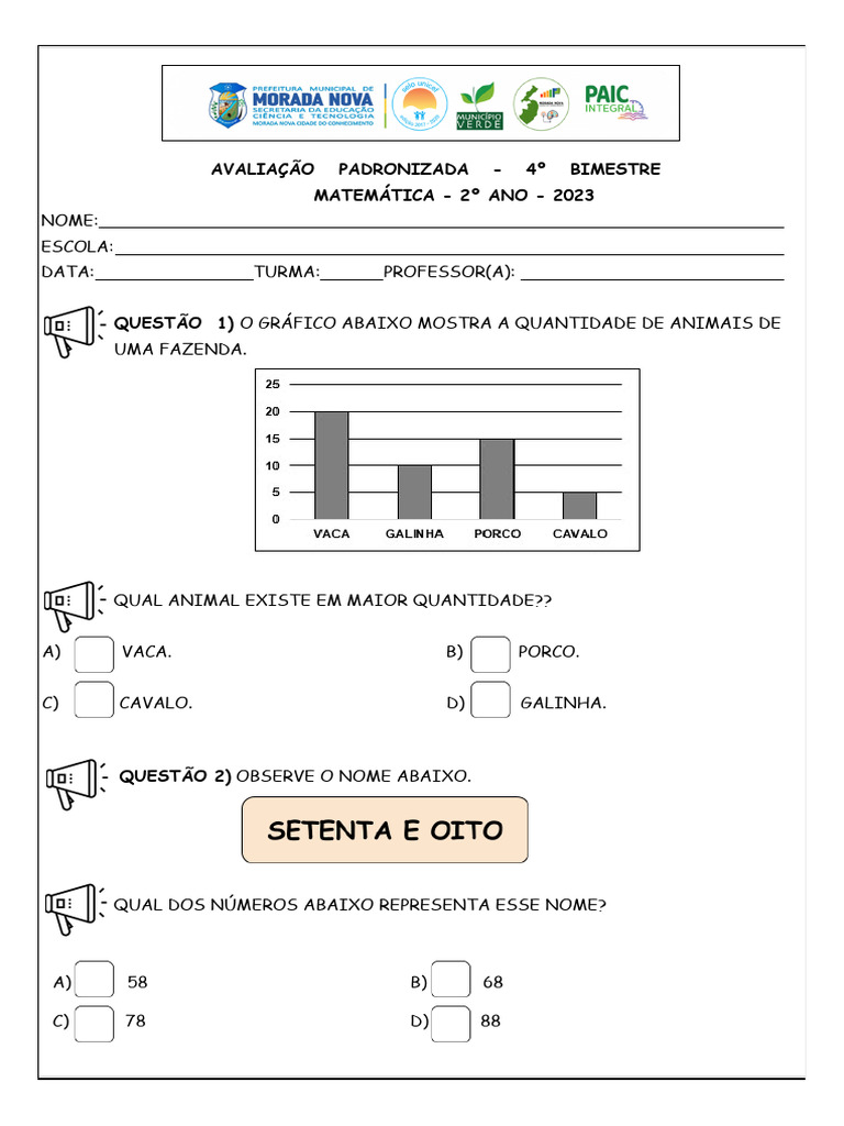 Avaliação Padronizada 4º Bimestre Matemática 2º Ano 2 Pdf