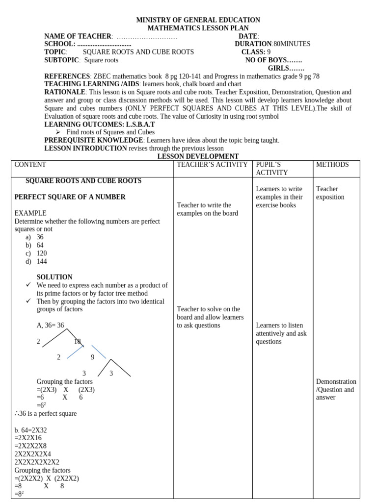Class 9 Lesson Plan: Square Roots | PDF | Learning | Teachers