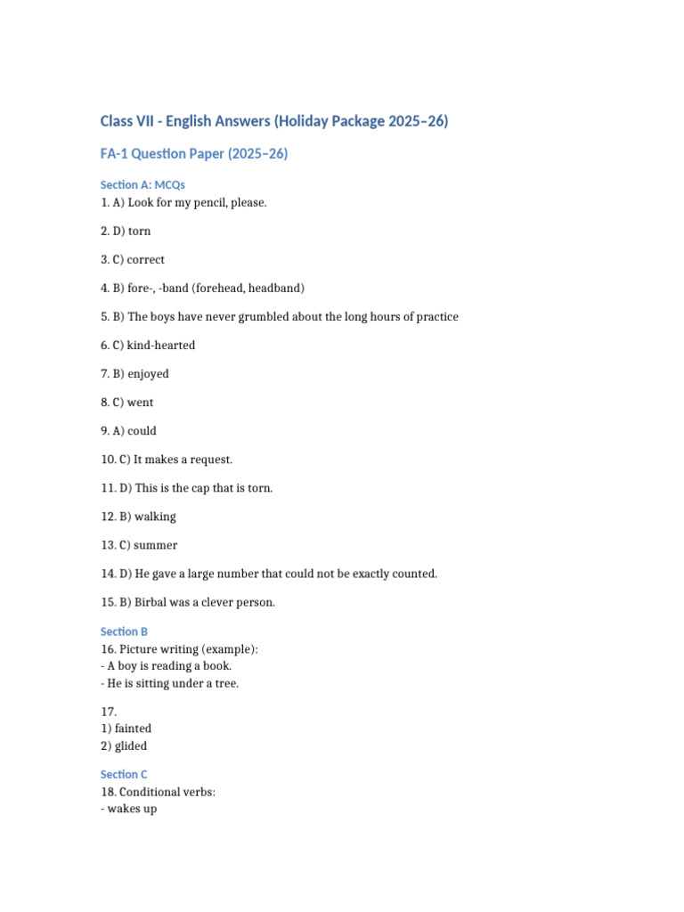 Class VII English Answers 2025-26 | PDF