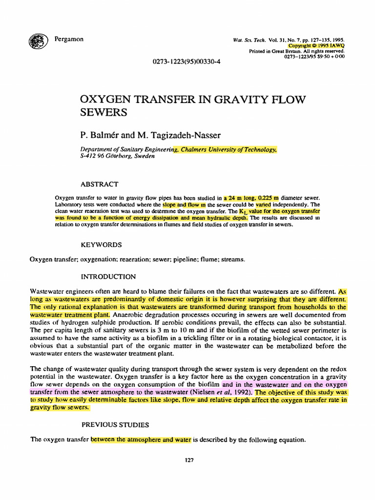 Oxygen Transfer in Gravity Flow Sewers | PDF | Sanitary Sewer | Water