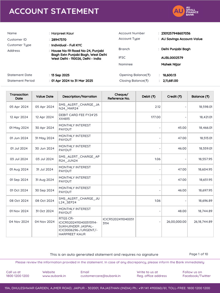 Account Statement: Harpreet Kaur | PDF | Debits And Credits | Cheque