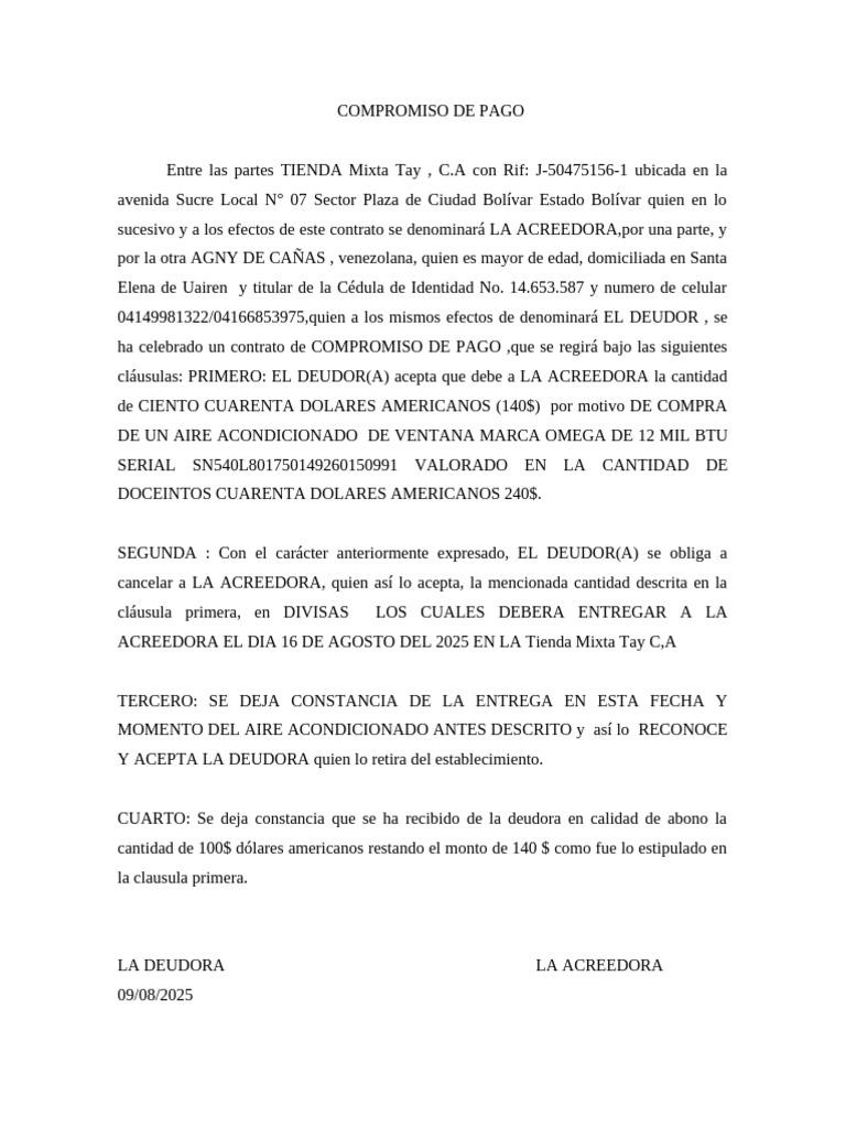 Compromiso de Pago Agny Cañas | PDF