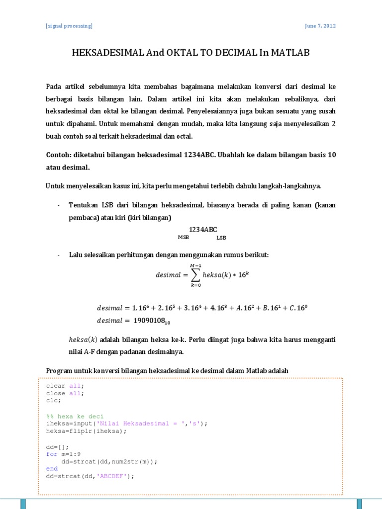 Hexadecimal and Octal To Decimal in Matlab | PDF
