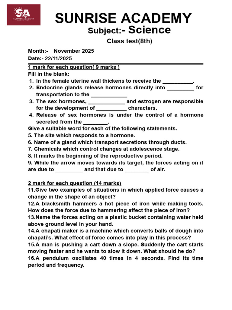 8th Grade Science Class Test - November 2025 | PDF | Sound | Hormone