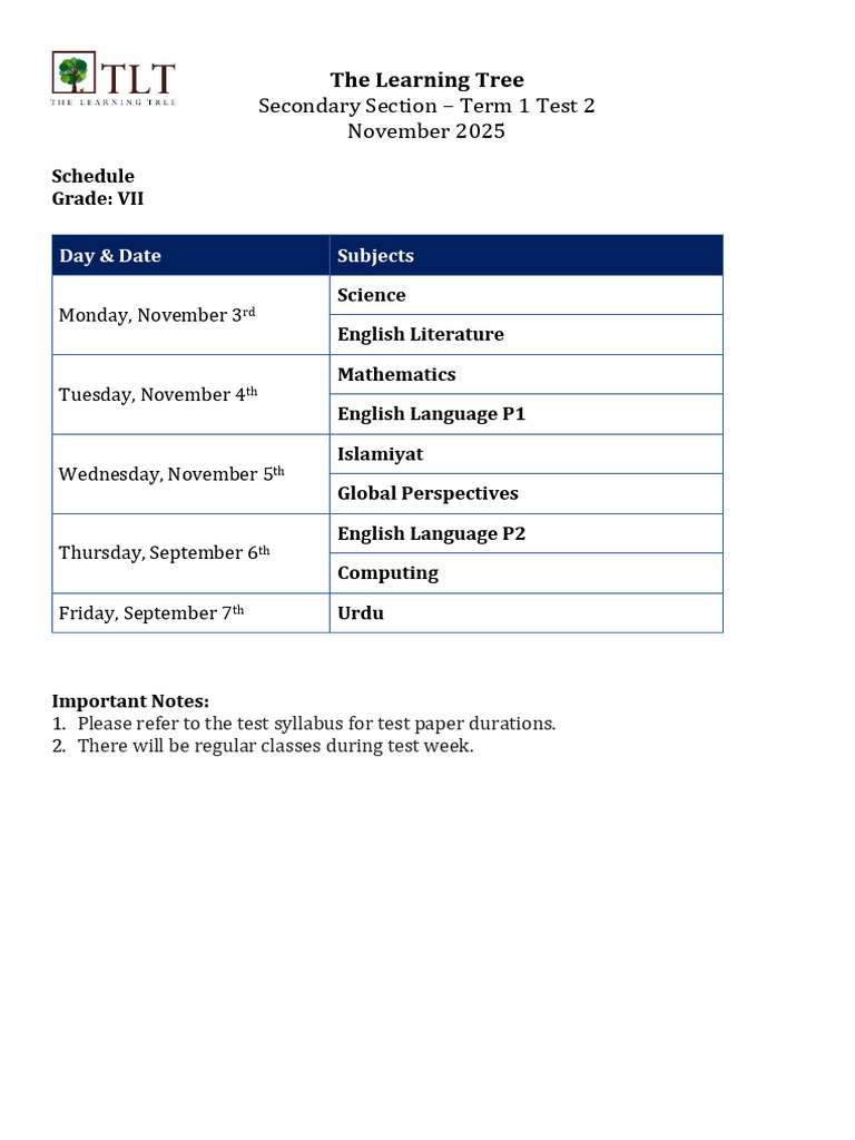 Grade VII Term 1 Test Schedule 2025 | PDF | Reading Comprehension ...