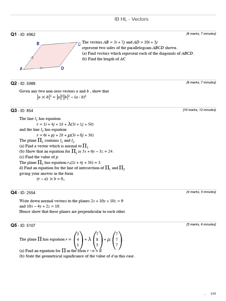 Exam Paper - IB HL - Vectors | PDF | Euclidean Vector | Angle