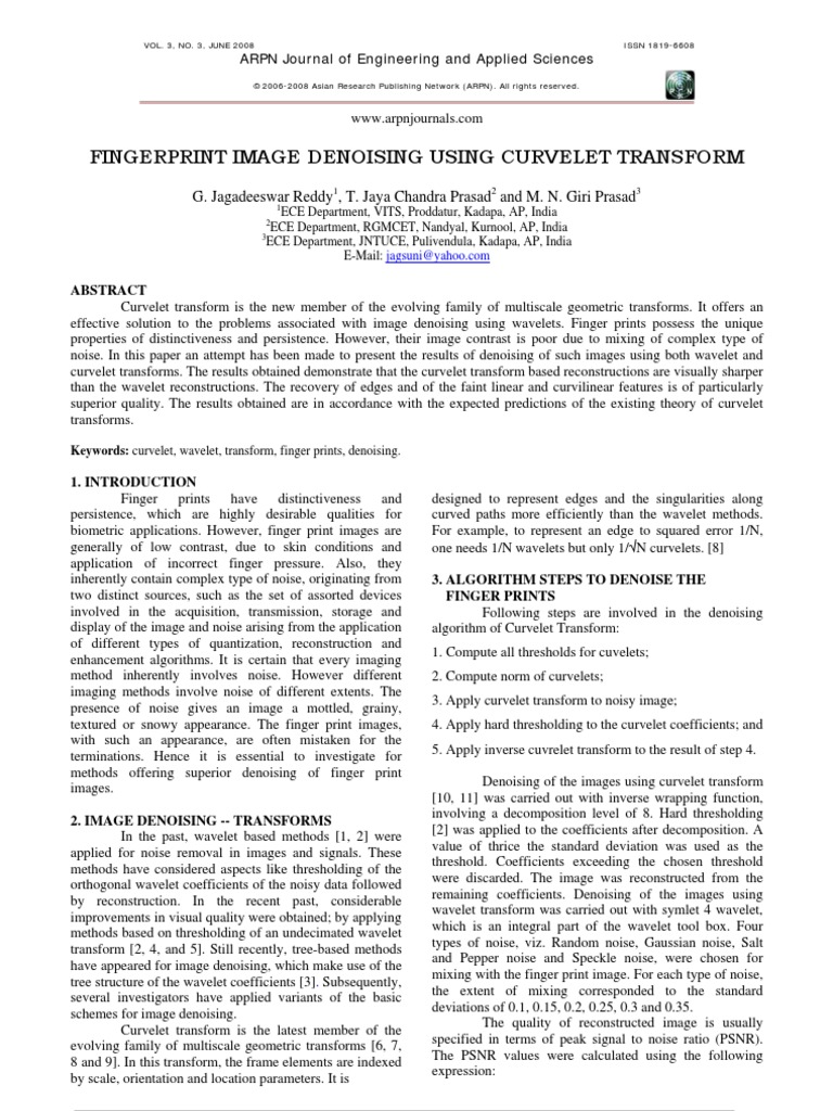Fingerprint Image Denoising Using Curvelet Transform | PDF | Wavelet | Algorithms