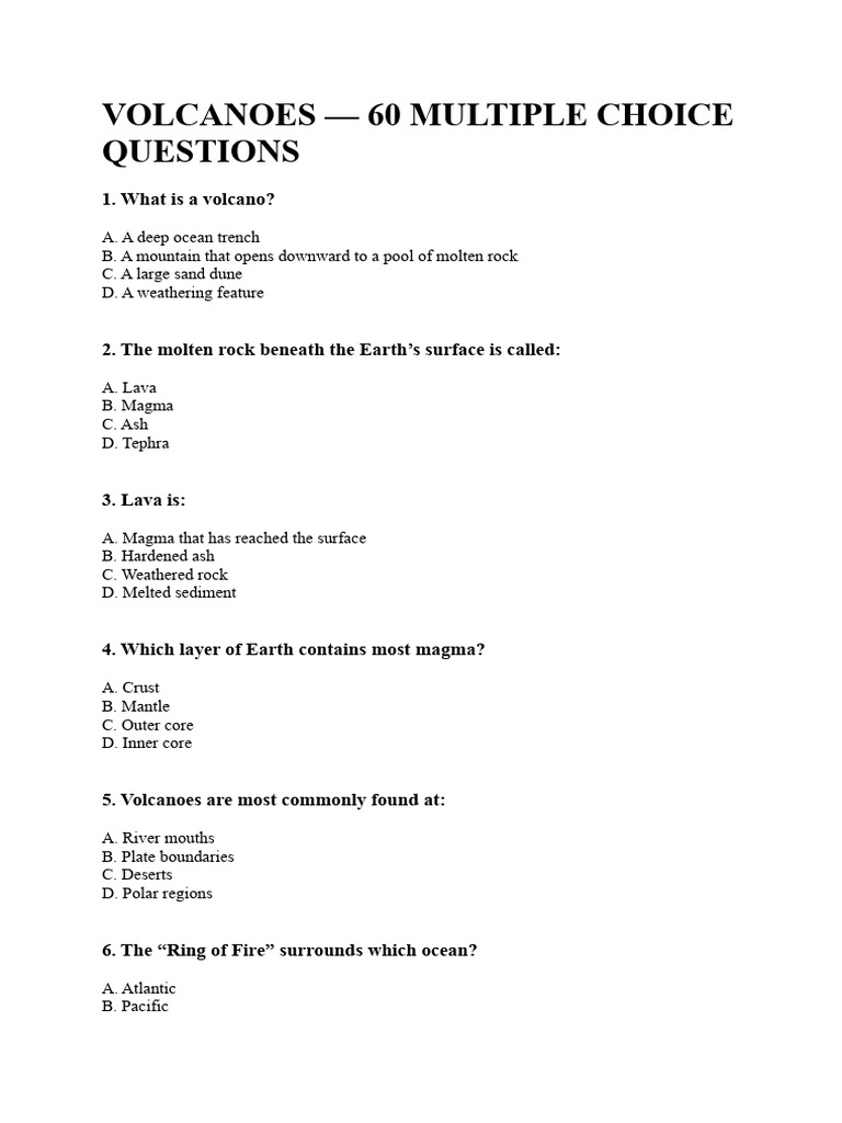 Volcanoes Quiz No Answers | PDF | Volcano | Lava