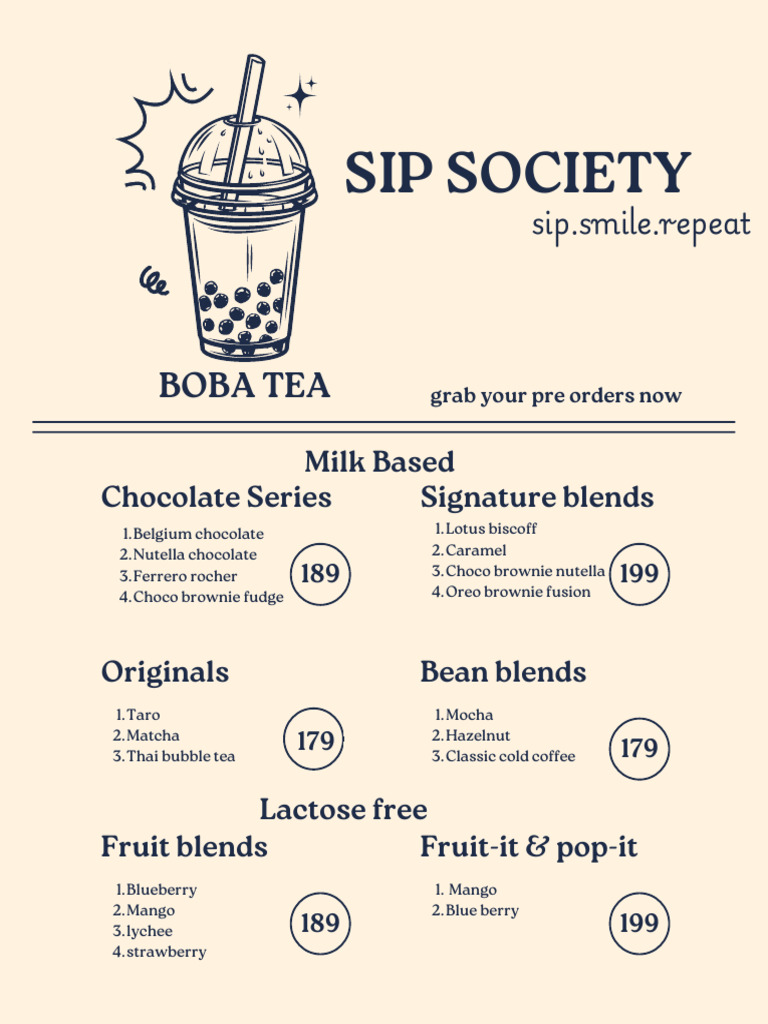 Cream Navy Minimalist Boba Drink Menu Flyer | PDF | Berry | Chocolate