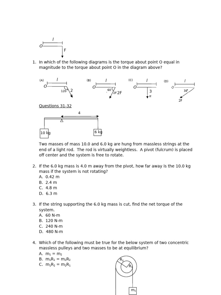 Torque and Rotational Equilibrium Practise Qeustions | PDF