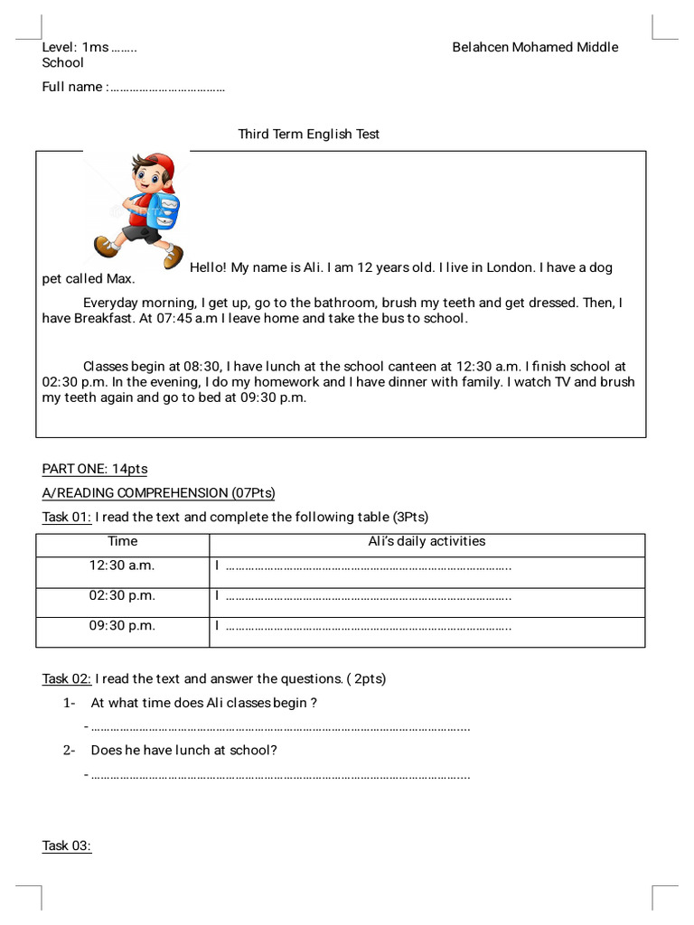 Third Term English Test 1 Ms | PDF