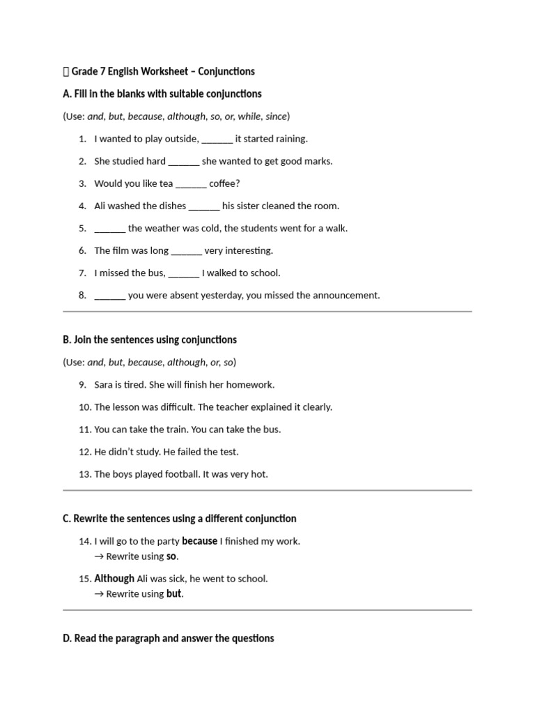 Grade 7 Conjunctions Worksheet | PDF