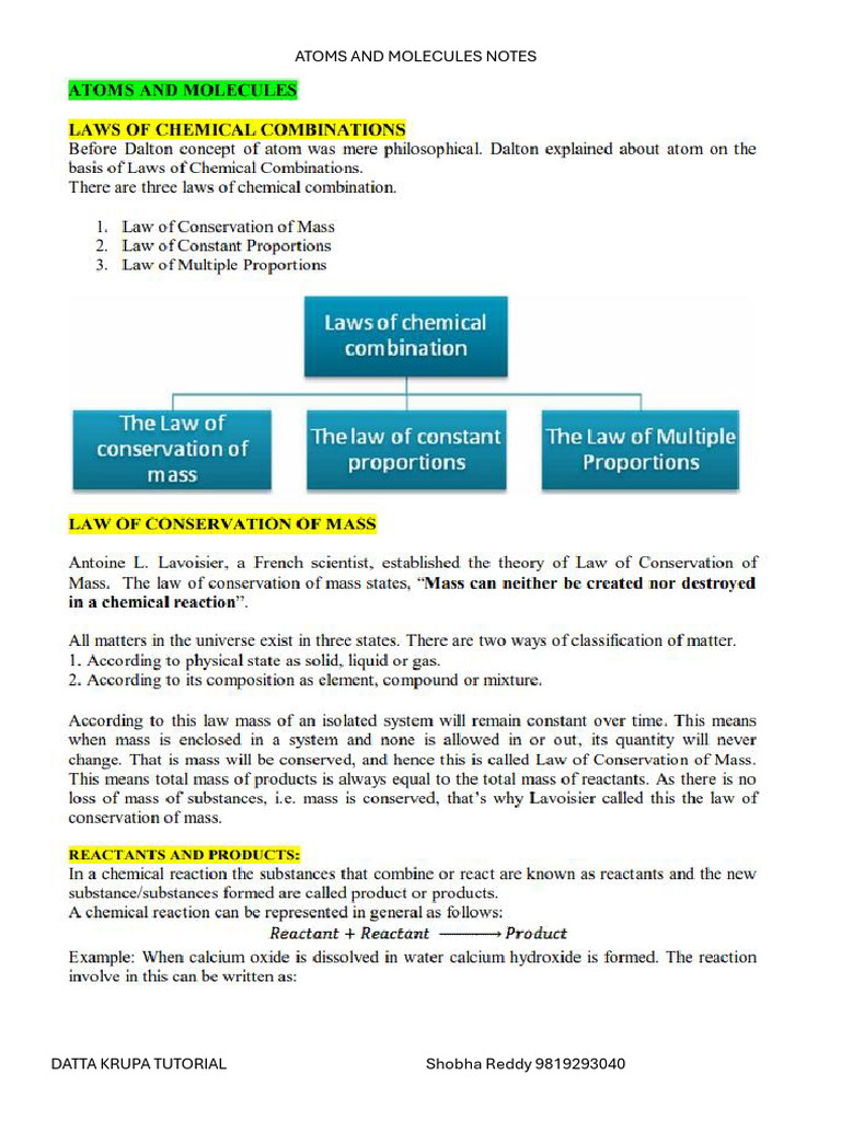 C9 Atoms and Molecules Notes | PDF | Molecules