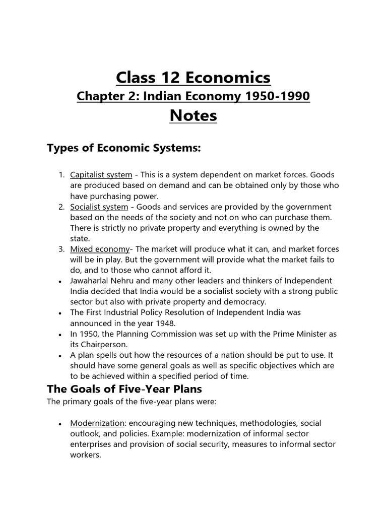 Class 12 Economics Chapter 2 Indian Economy 1950-90 Notes | PDF ...