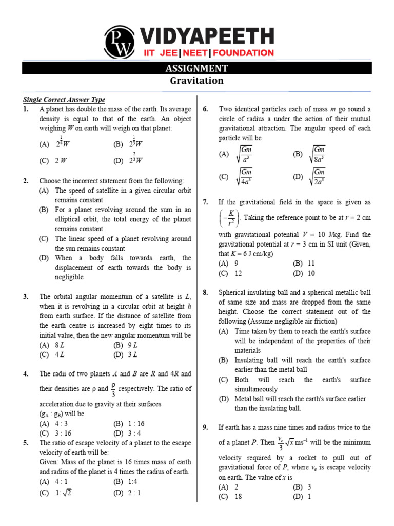 Assignment-01 Gravitation Physics XI-JEE Uday Sir Abhiranjan Kumar | PDF | Mass | Orbit