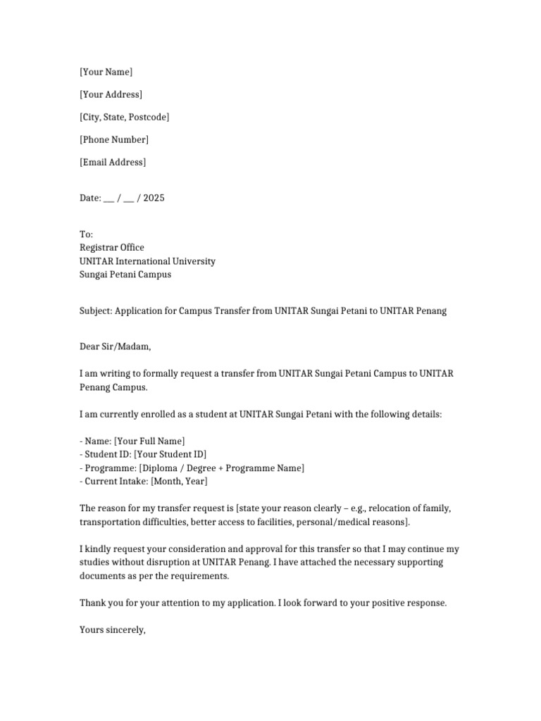 UNITAR Campus Transfer Application Letter | PDF