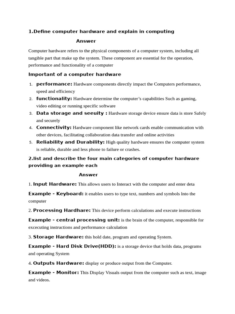 1.define Computer Hardware and Explain in Computing | PDF | Computer ...