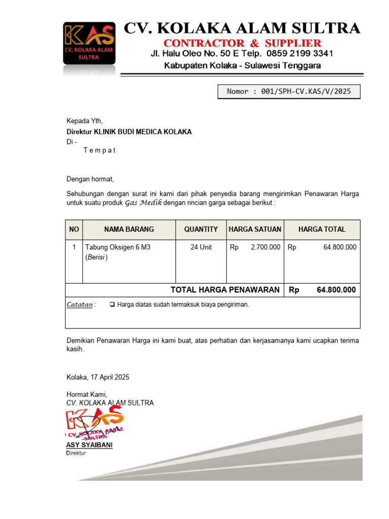 Surat Penawaran Penjualan Tabung O2 | PDF