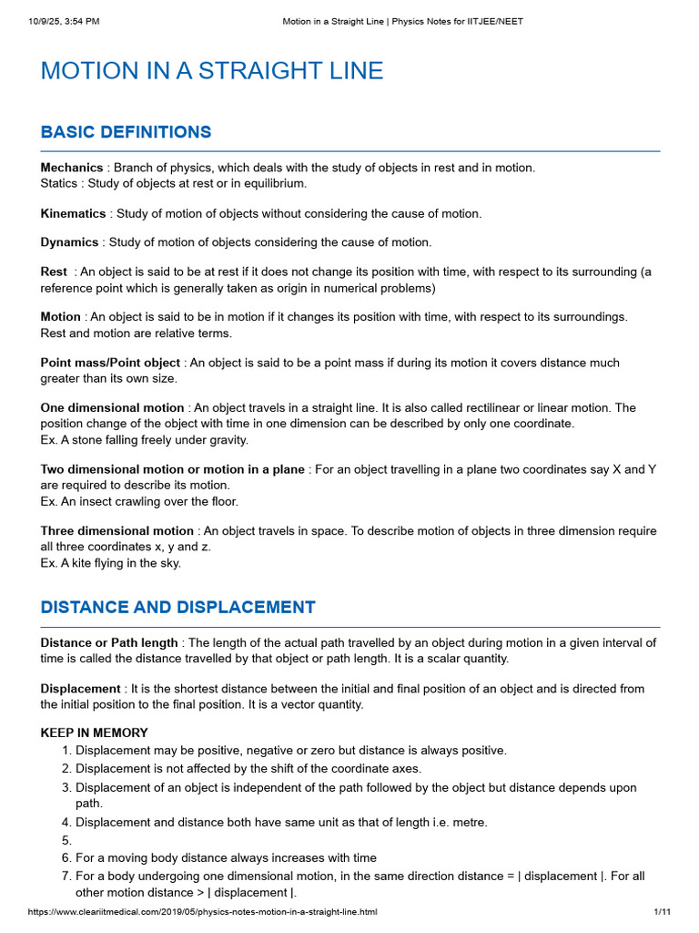 Motion in a Straight Line: Key Concepts | PDF | Acceleration | Speed