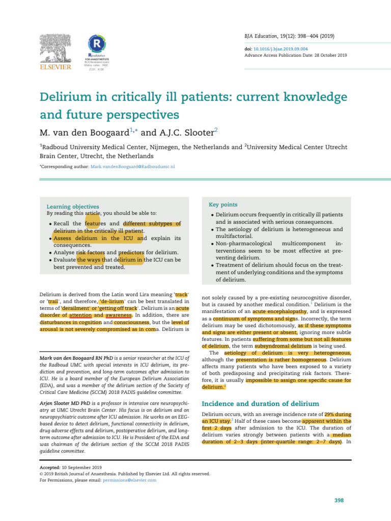 Delirium in Critically Ill Patients | PDF | Antipsychotic | Sepsis