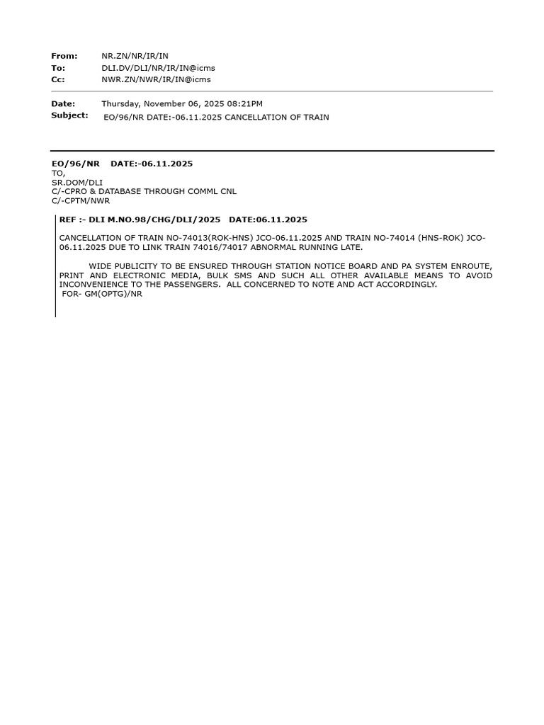 Cancellation of Train 74013,74014 | PDF