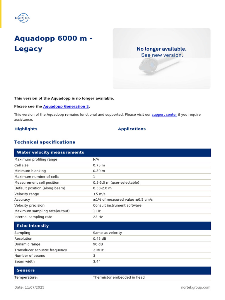 Aquadopp 6000 m - Legacy | PDF | Sampling (Signal Processing) | Sensor