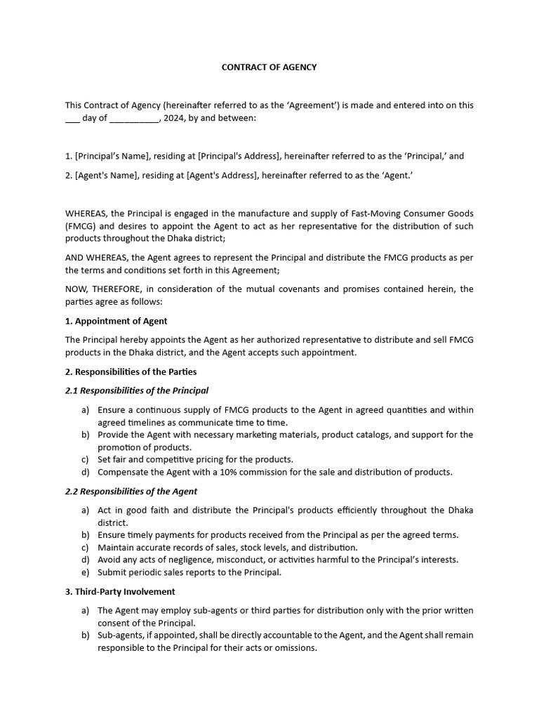 Contract of Agency: 2.1 Responsibilities of The Principal | PDF ...