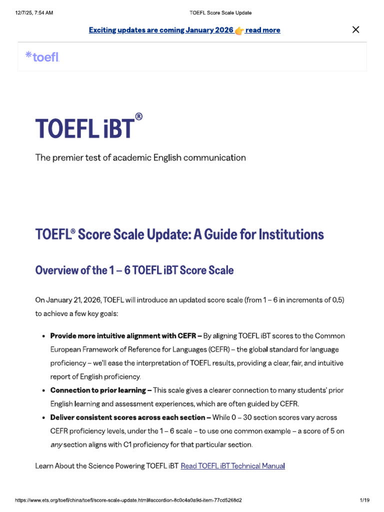 TOEFL Score Scale 2026 Update | PDF