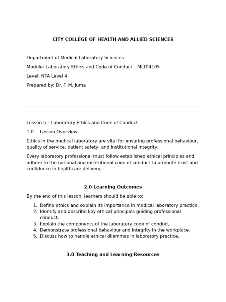 Laboratory Ethics and Code of Conduct - MLT04105 | PDF ...
