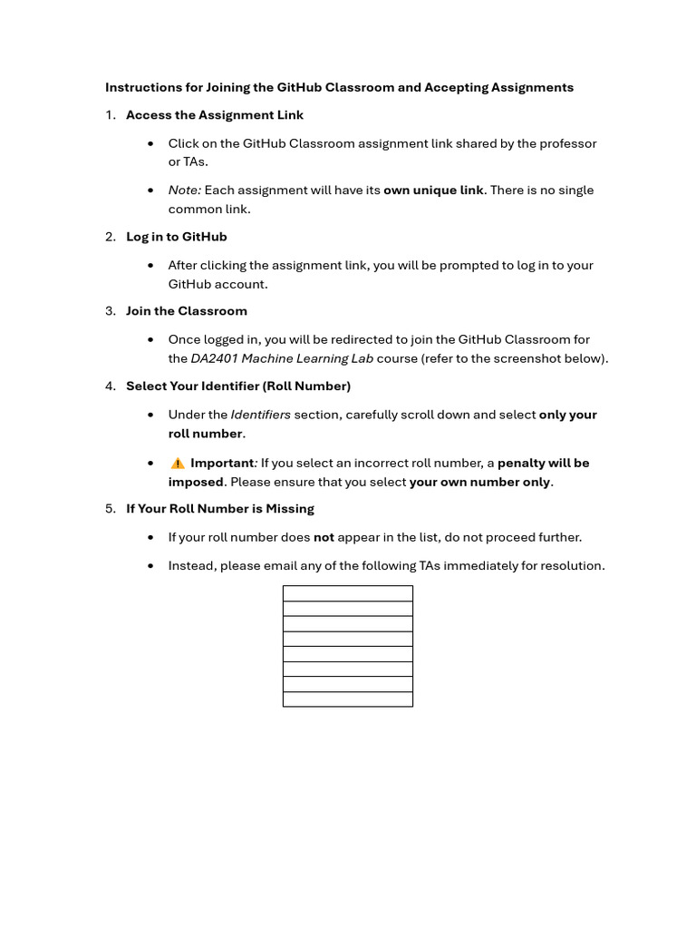 Instructions for Joining the GitHub Classroom and Accepting Assignments | PDF